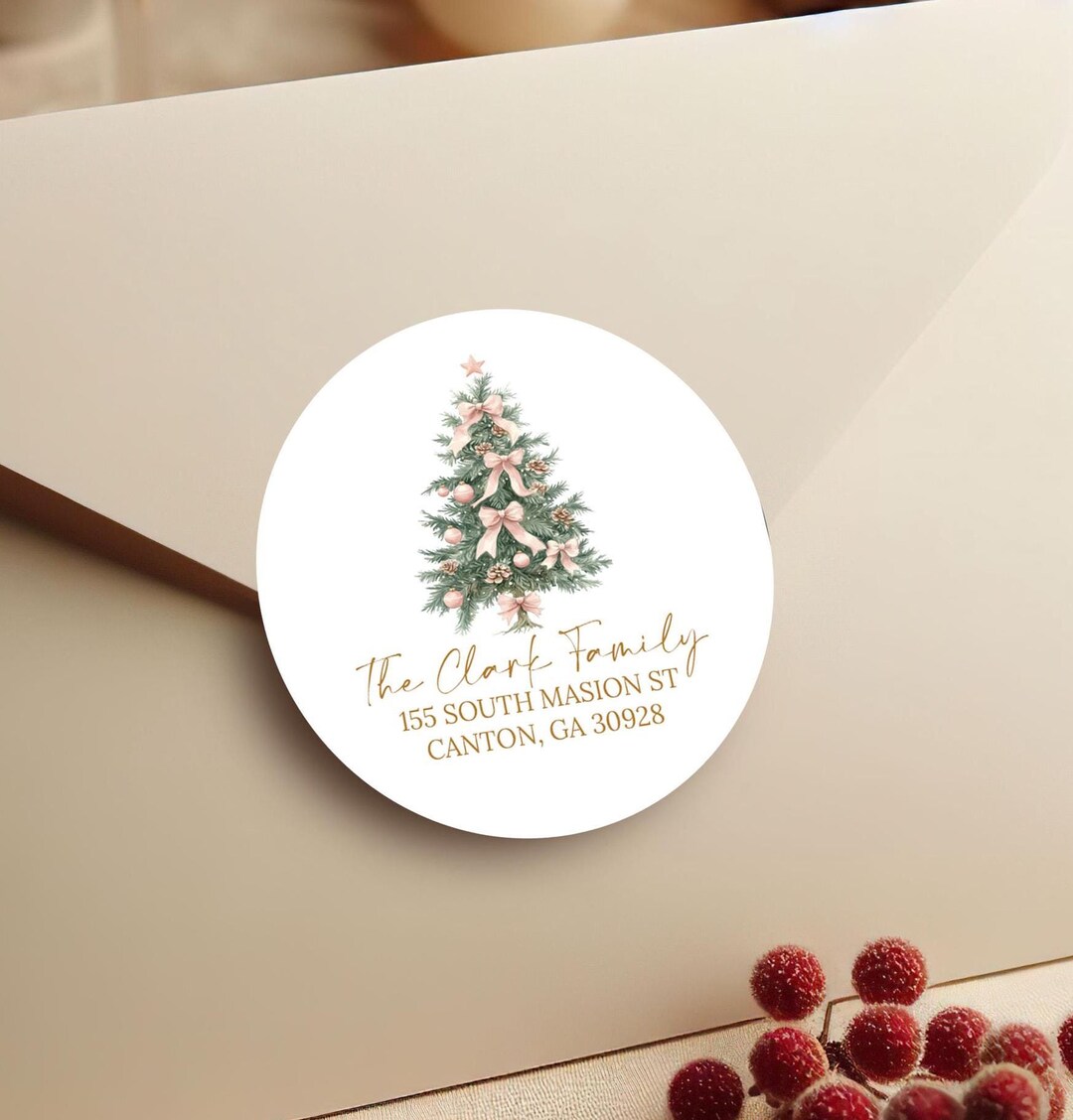 Pink Christmas Tree Return Address Sticker, 2 Inch Circle Return ...