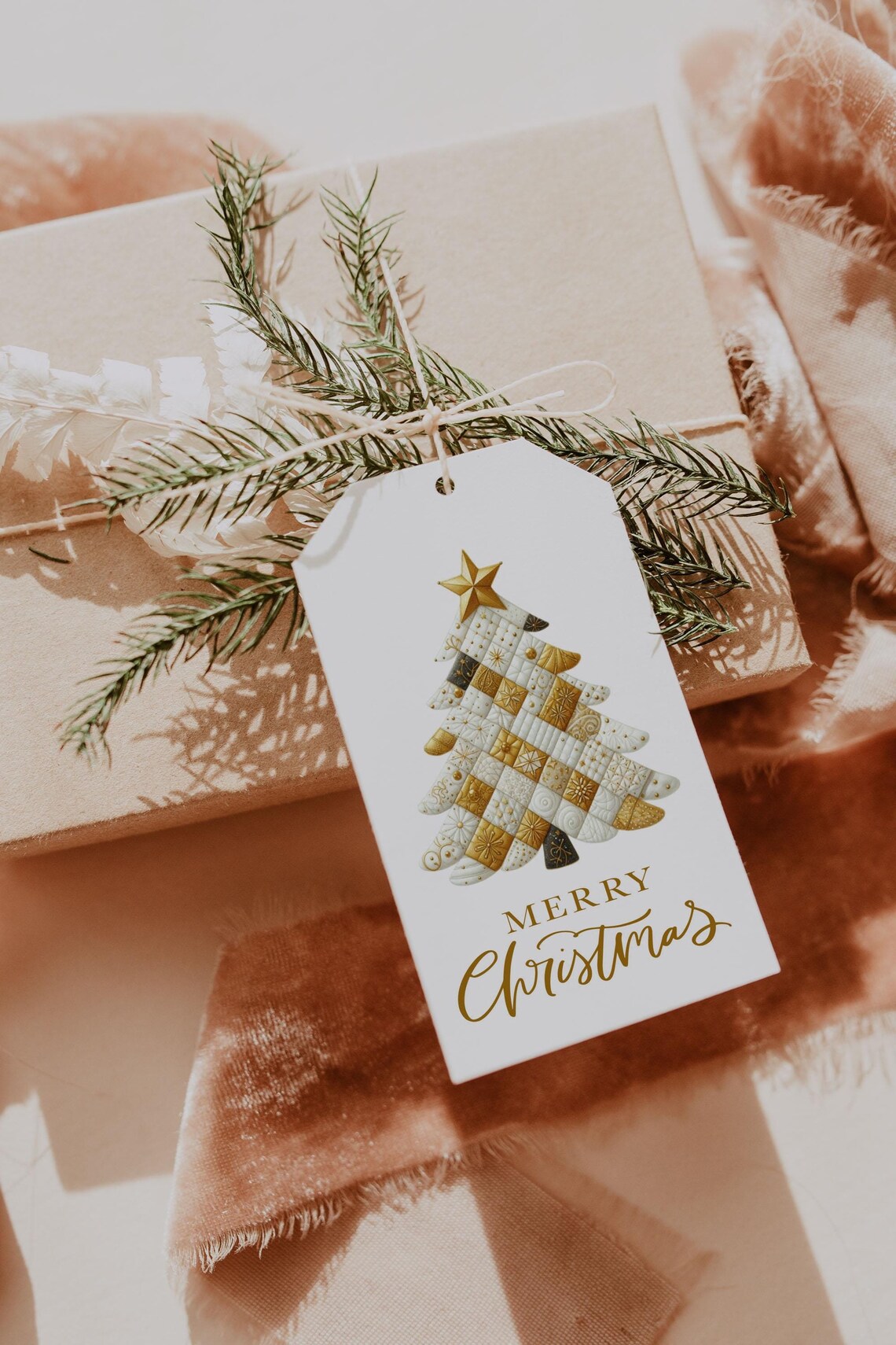Gold Christmas Tree Gift Tags PRINTED, Quilted Christmas Tree Gift Tag ...