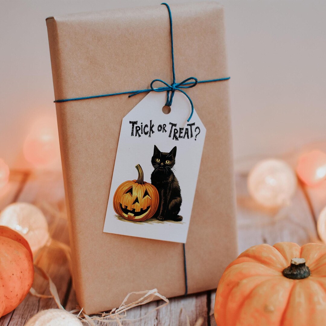 Halloween Gift Tag, PRINTED Black Cat Gift Tags With String, Halloween ...