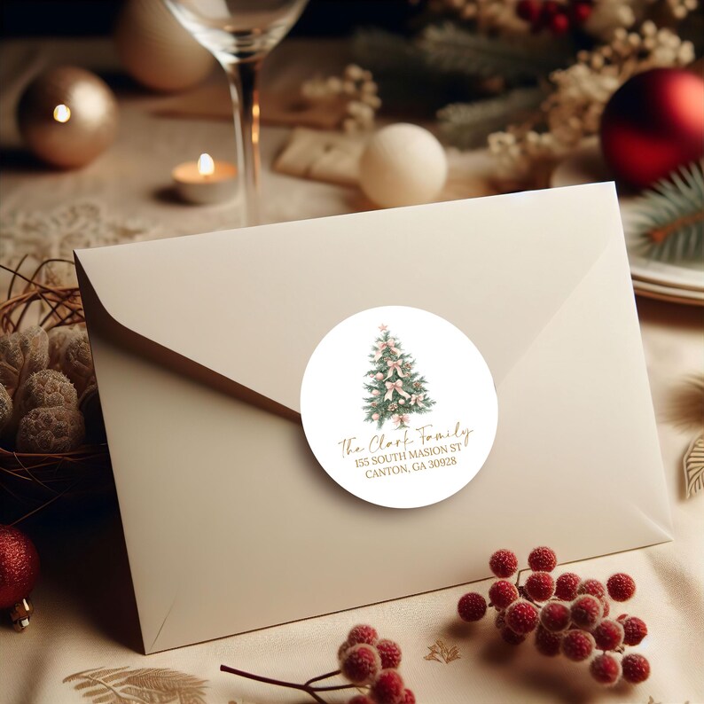 Pink Christmas Tree Return Address Sticker, 2 Inch Circle Return ...