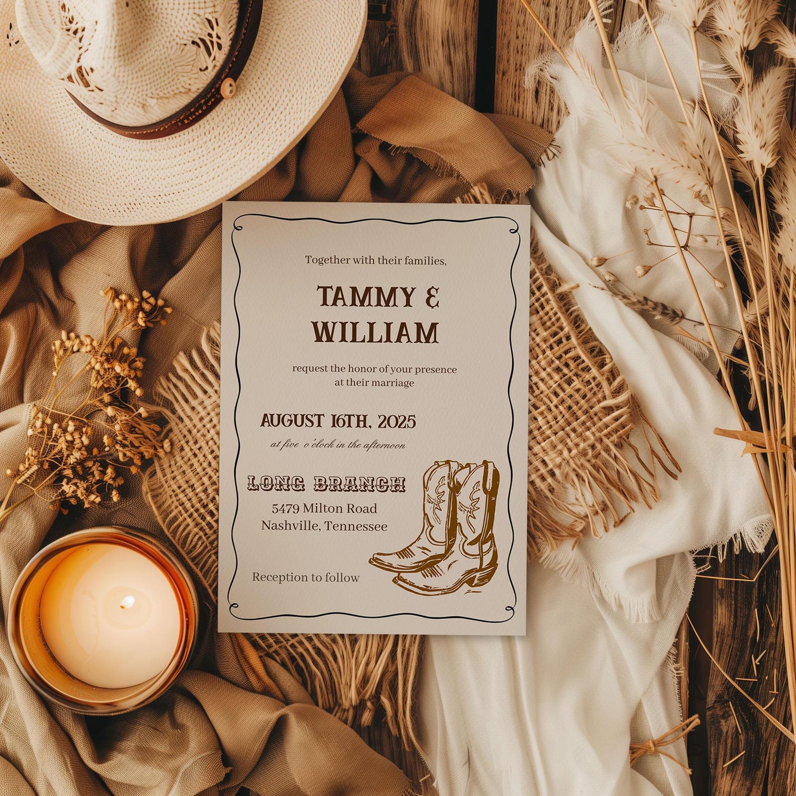 Rustic Cowboy Boots Wedding Invitation, Nashville Wedding, Western ...