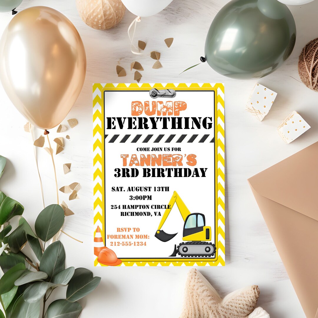 Construction Birthday Invitation, Boys Party Invite, Kids Birthday Card ...