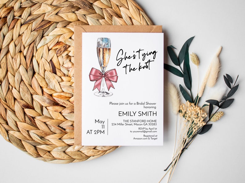 Champagne Bridal Shower Invitation Template, Pink Bow (printable) - Etsy