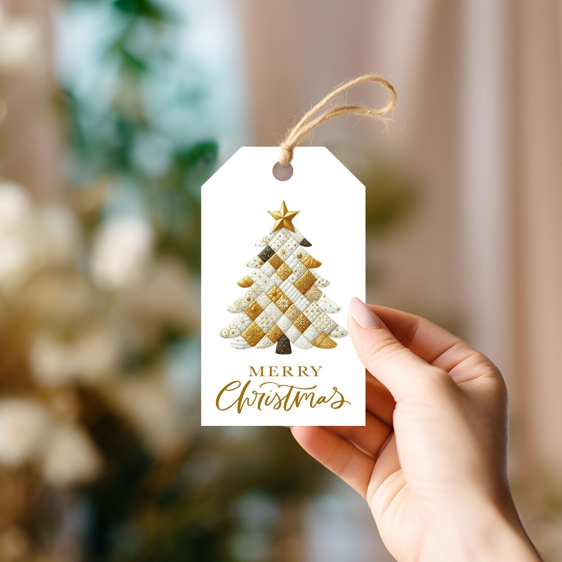 Gold Christmas Tree Gift Tags PRINTED, Quilted Christmas Tree Gift Tag ...
