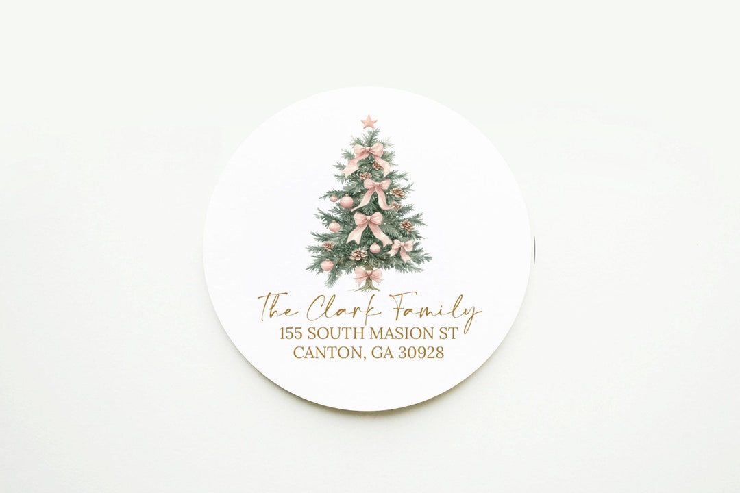 Pink Christmas Tree Return Address Sticker, 2 Inch Circle Return ...