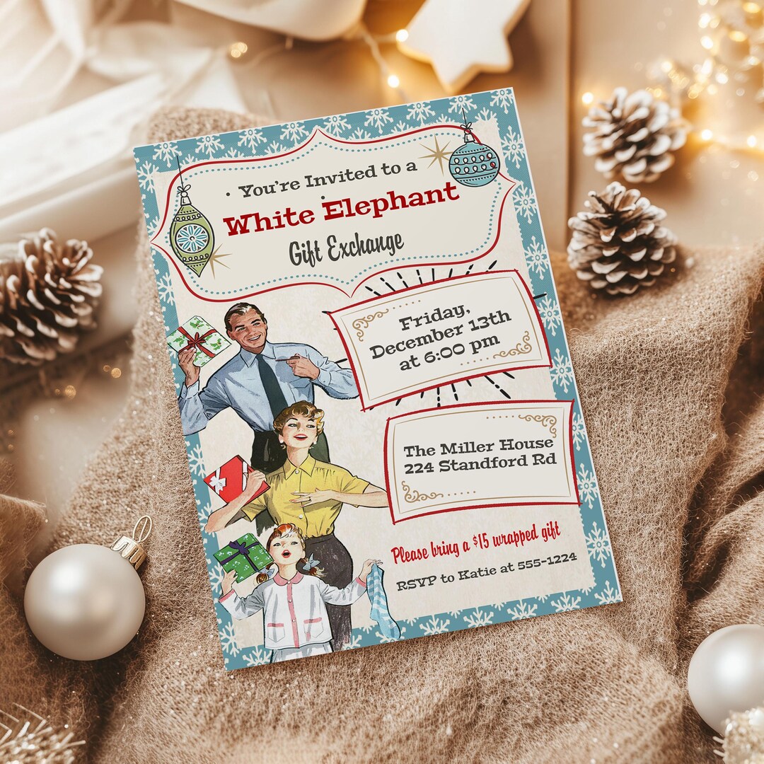 Retro White Elephant Christmas Party Invitation Template, Holiday Party ...
