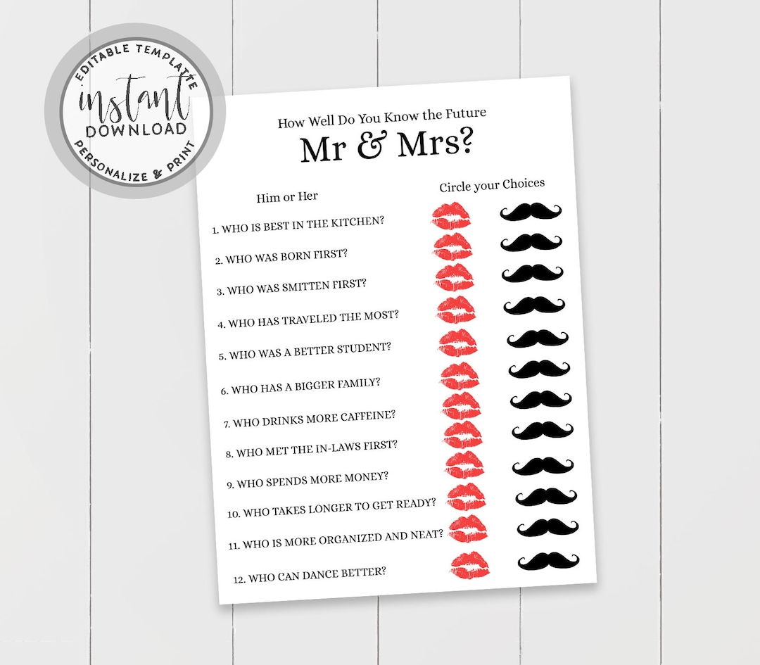 Mr & Mrs Bridal Shower Game Template, Instant Download, Lips and ...