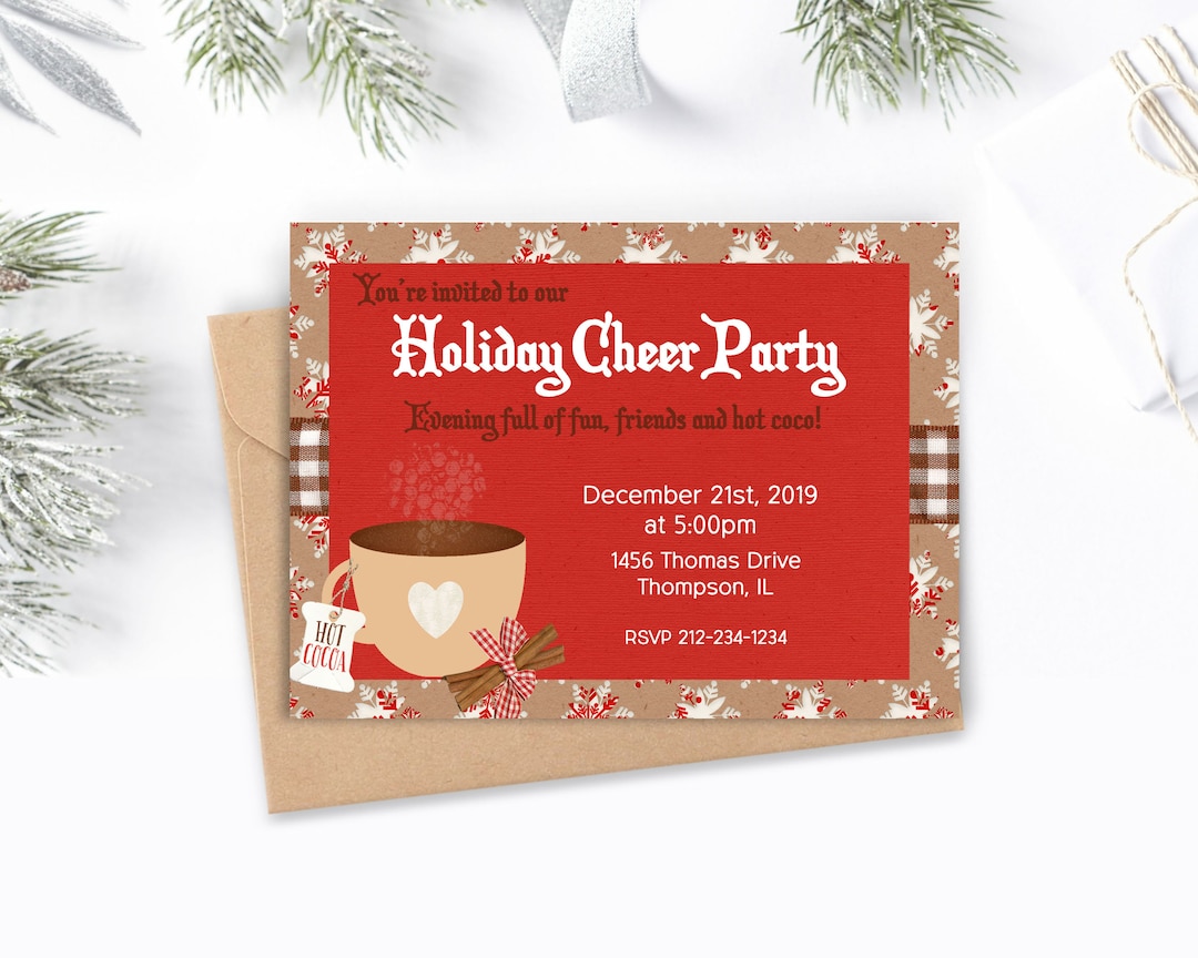 Red Christmas Holiday Cheer Invitation, Coffee or Hot Coco Holiday ...