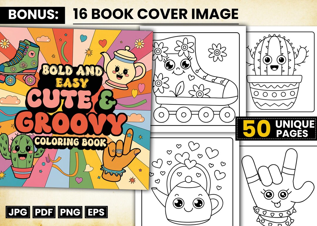 Bold and Easy Cute Groovy Coloring Book - Ideal for All Ages - Fun ...