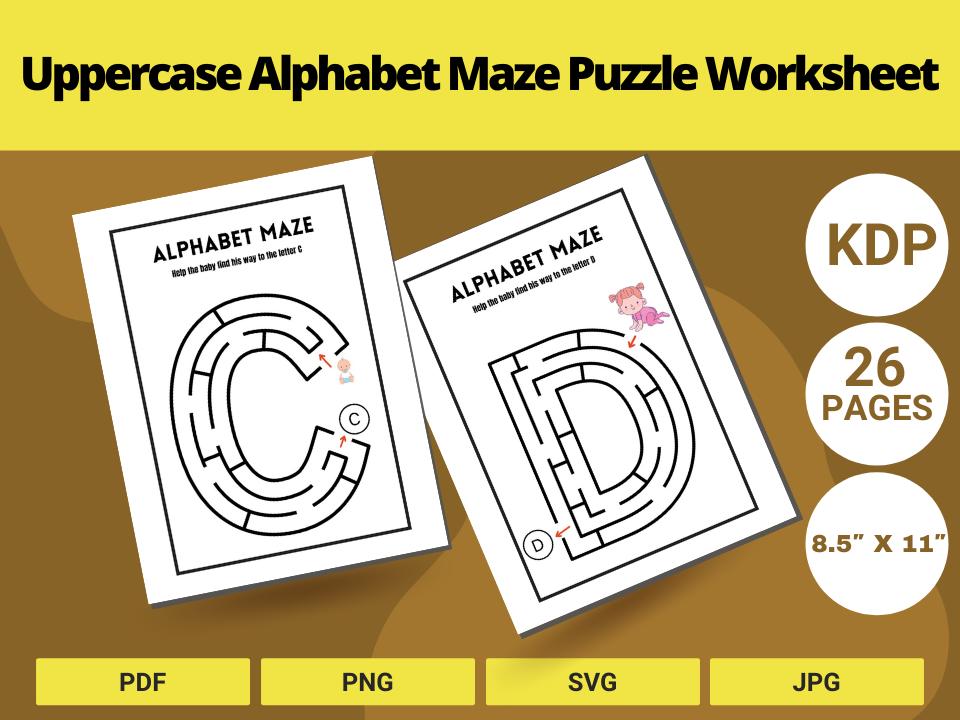Uppercase Alphabet Maze Puzzle Worksheet, Fun Learning Activity, Letter ...