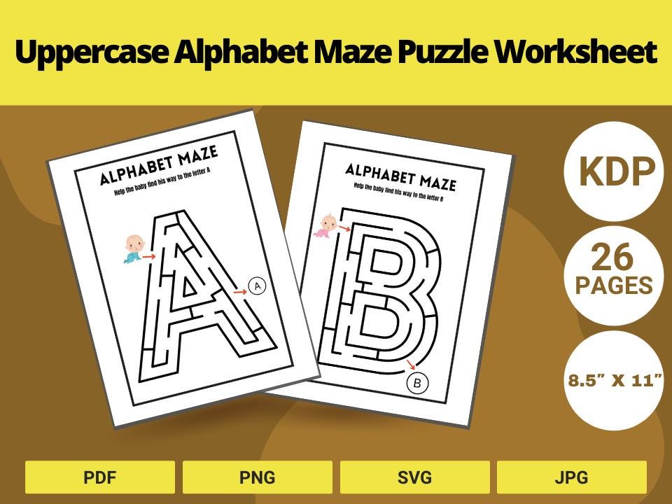 Uppercase Alphabet Maze Puzzle Worksheet, Fun Learning Activity, Letter ...
