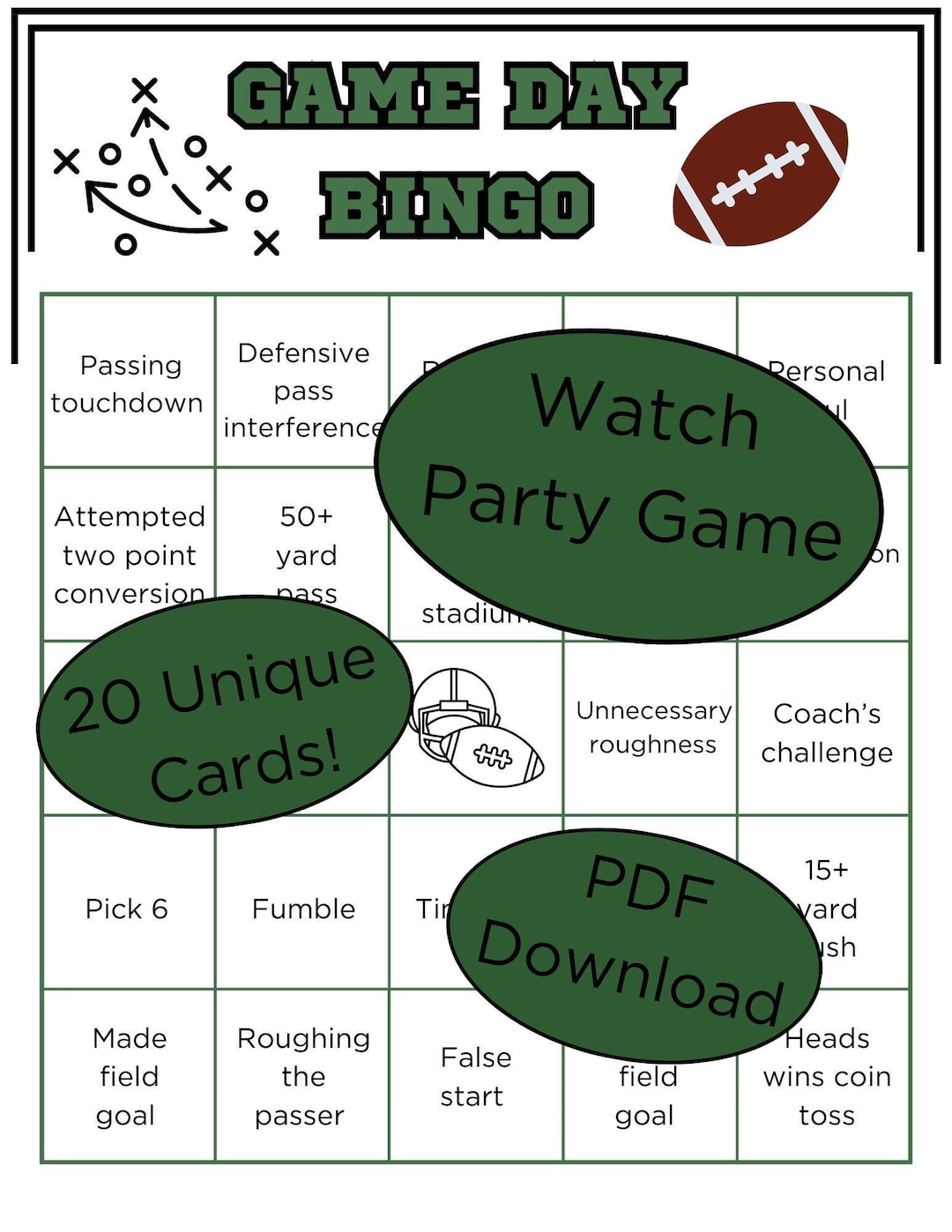 Football Game Day Bingo, 20 Unique Cards, PDF Printable Download ...