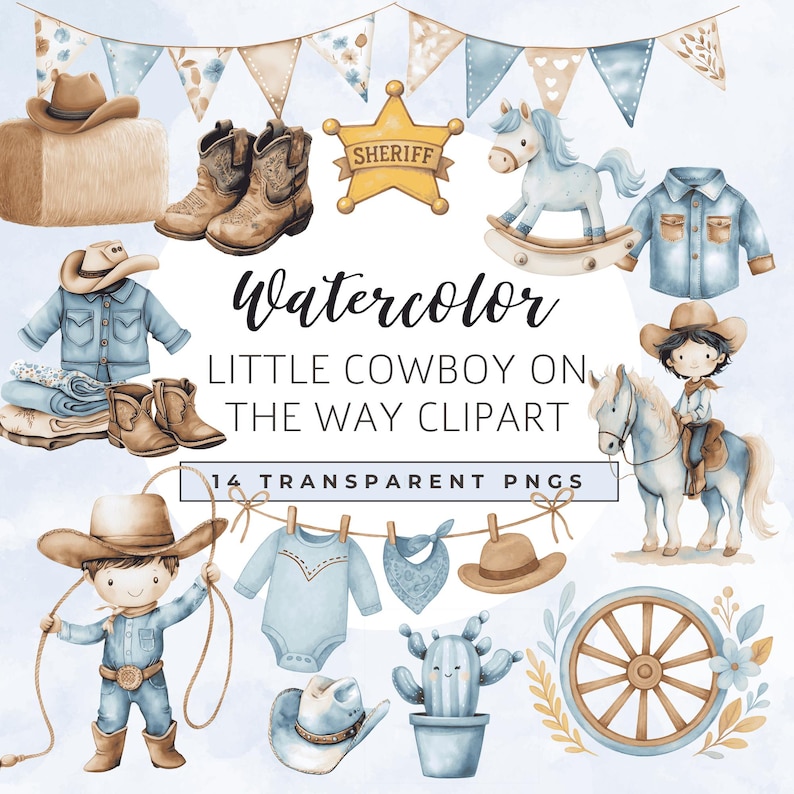 Little Cowboy Clipart Set, Baby Cowboy Boot Clipart, Baby Shower, Rodeo ...