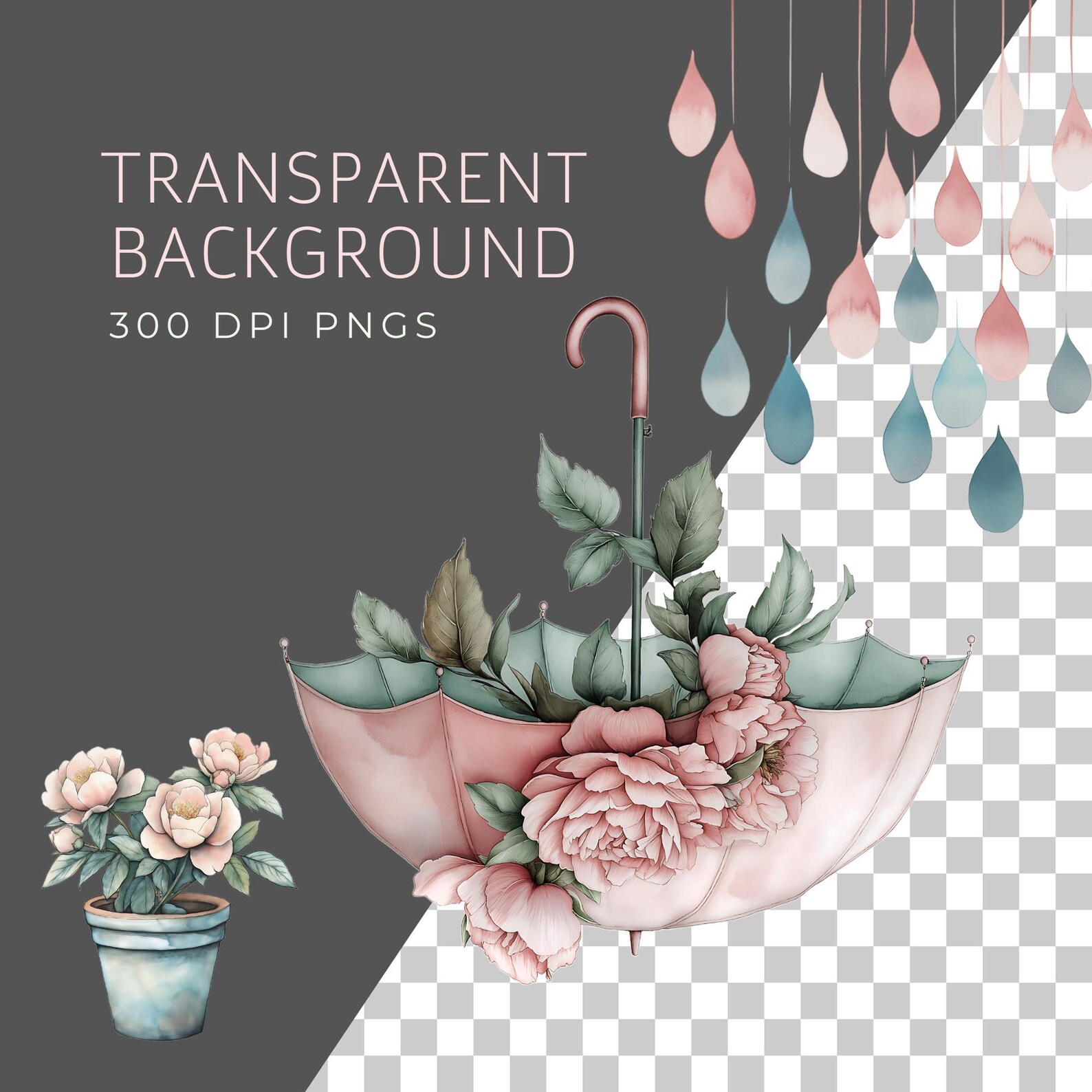 April Showers Bring May Flowers Clipart Set, Pink Watercolor Pngs ...