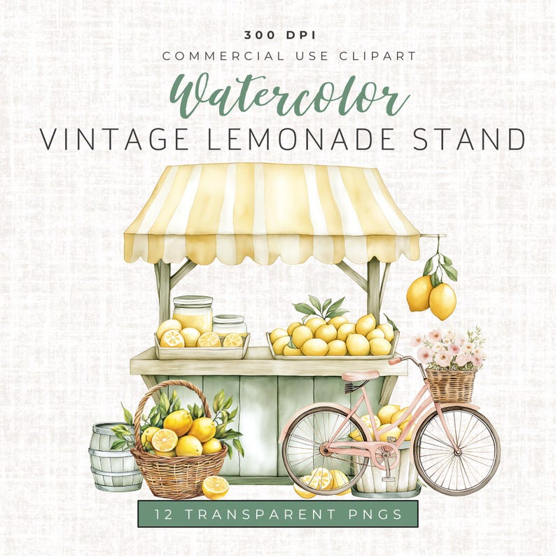 Watercolor Lemonade Stand Clipart: Rustic Market Stall PNG Set (digital ...