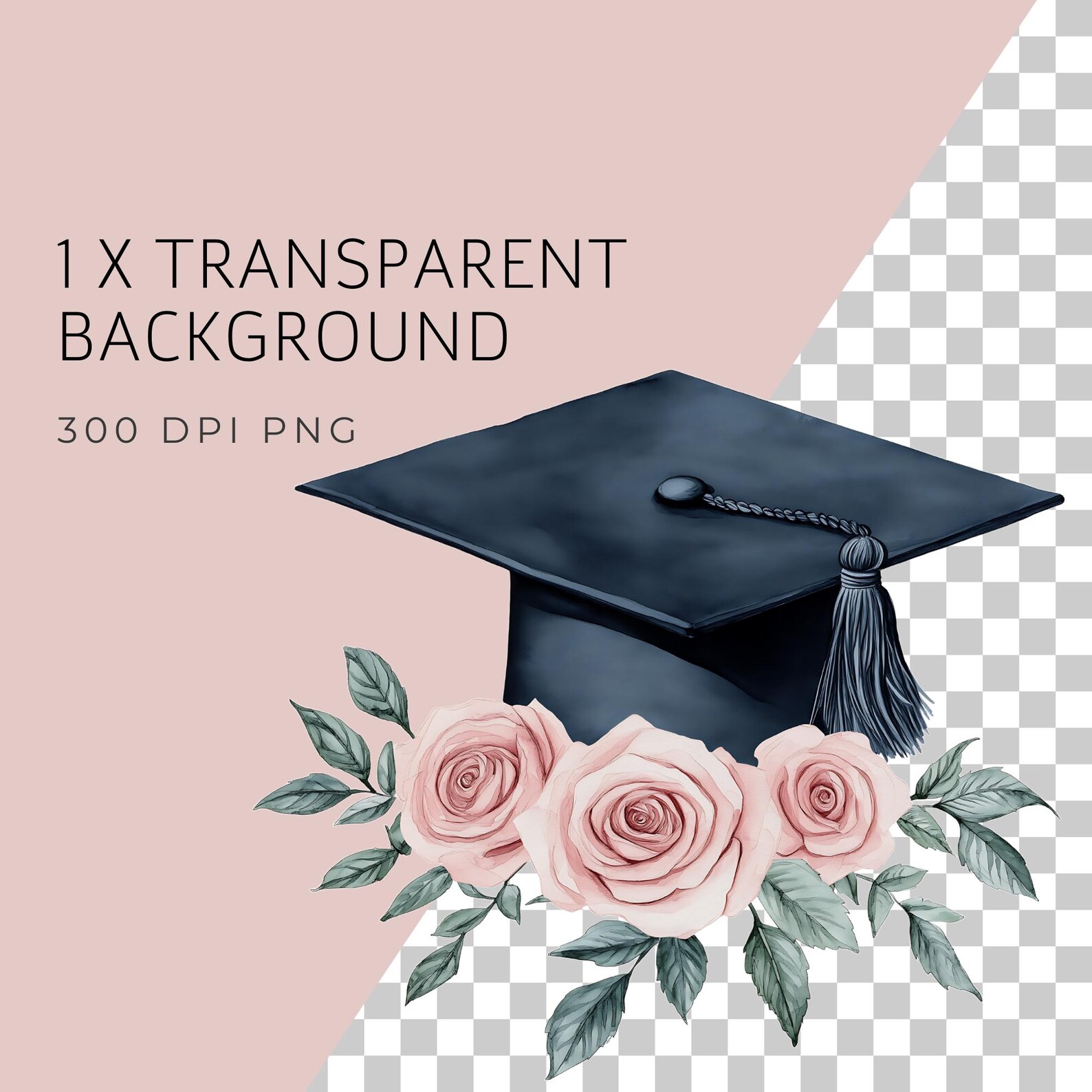 Blush Pink Floral Graduation Cap Clipart: Watercolor PNG (digital ...