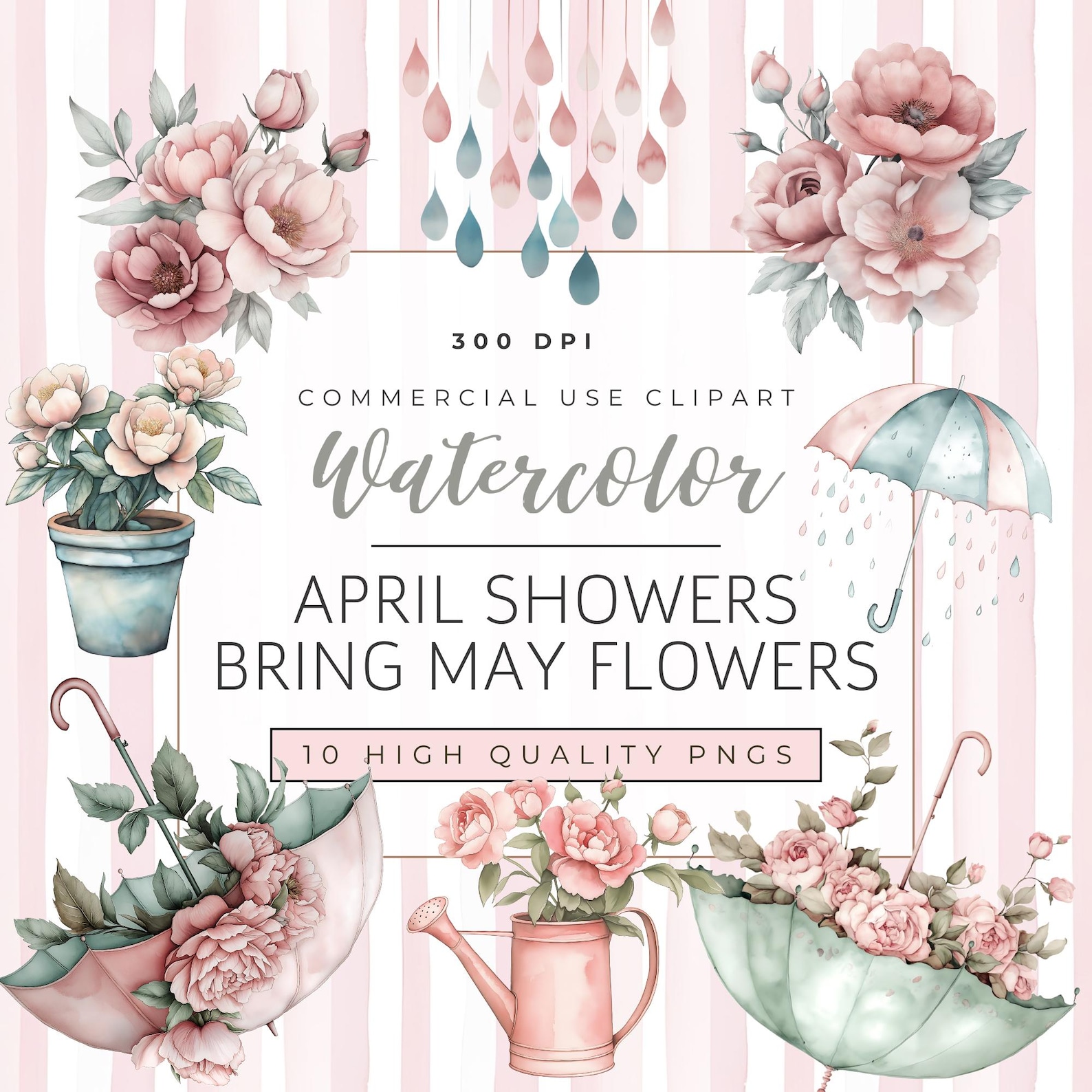April Showers Bring May Flowers Clipart Set, Pink Watercolor Pngs ...