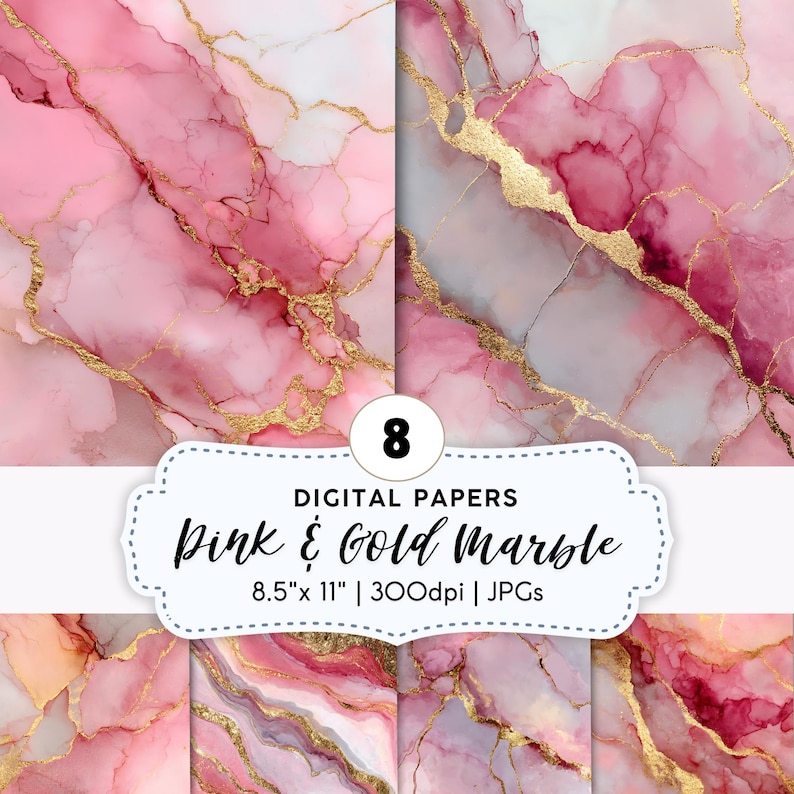 Pink and Gold Marble Digital Paper Pack, 8 Printable Marble Backgrounds ...