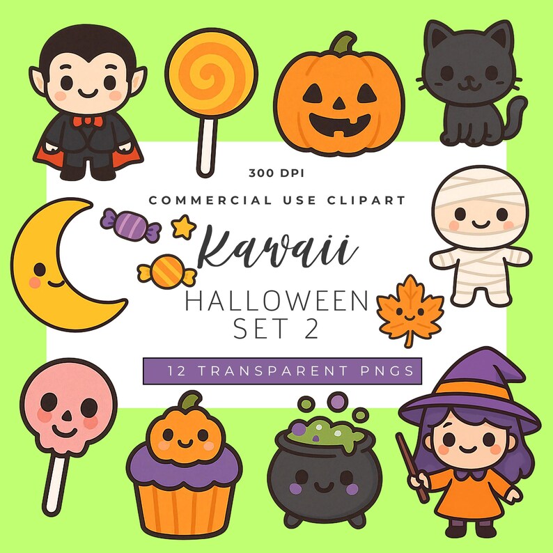 Kawaii Halloween Clipart Set - 12 Cute Spooky Pngs | Cute Halloween ...