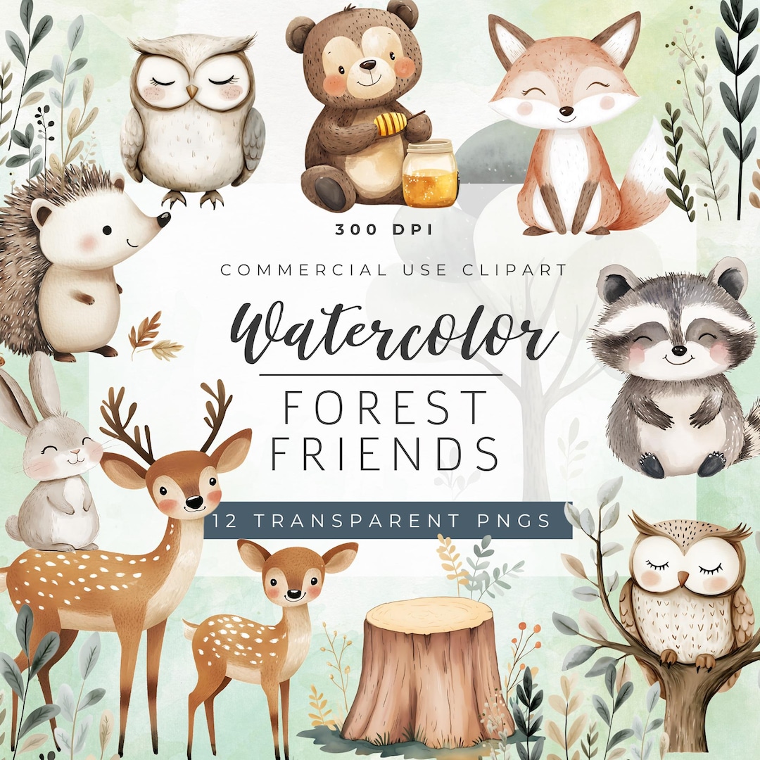 Whimsical Forest Friends Clipart | 12 PNG Woodland Animals Clipart ...