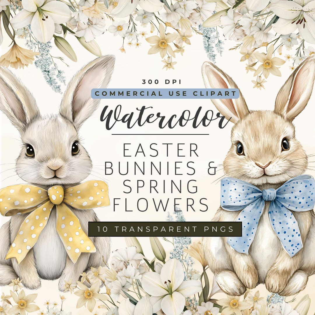 Easter Bunny Clipart, Watercolor Easter Bunny and Flowers Clipart, Cute ...