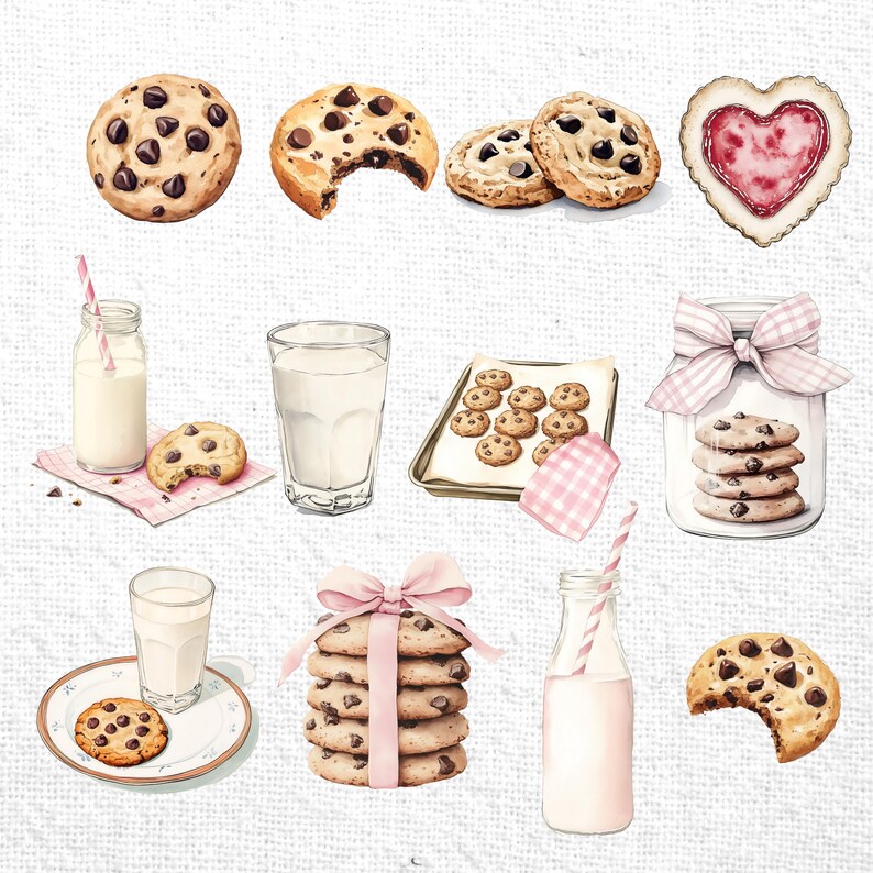 Cookies and Milk Watercolor Clipart Set – 12 Pngs and 1 Background ...
