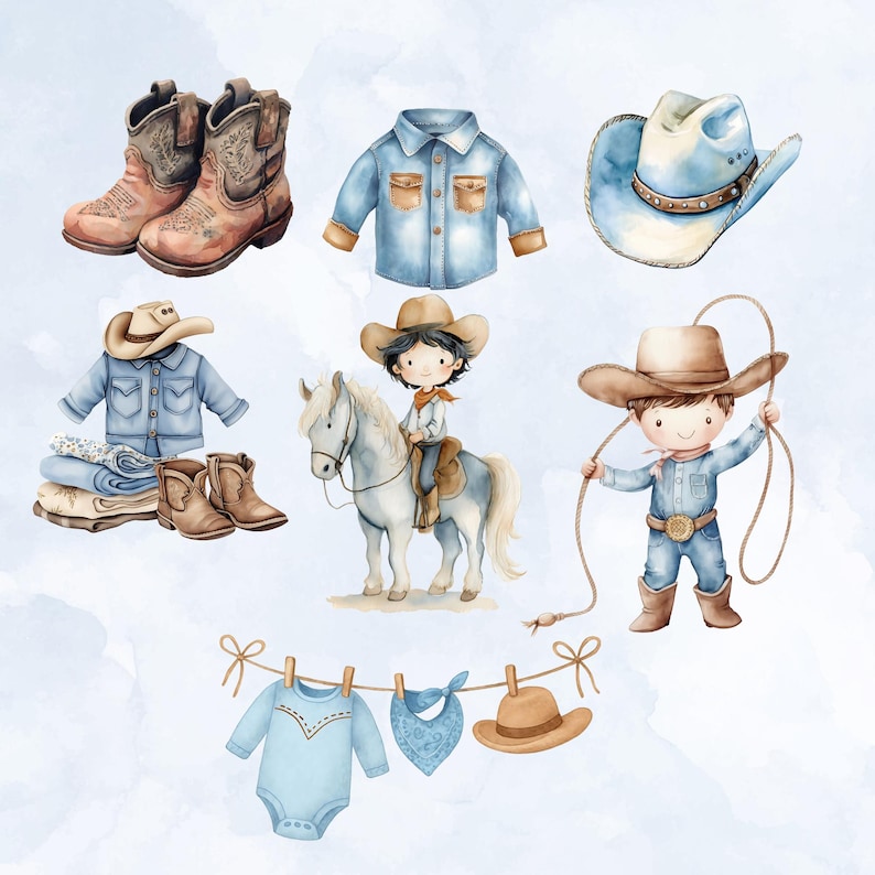 Little Cowboy Clipart Set, Baby Cowboy Boot Clipart, Baby Shower, Rodeo ...