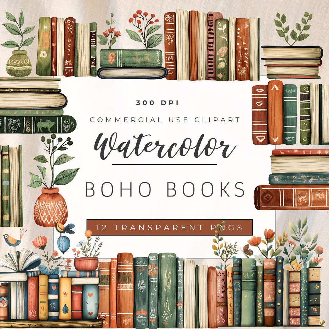 Boho Books Clipart, Beautiful Watercolor Books and Flowers Pngs ...