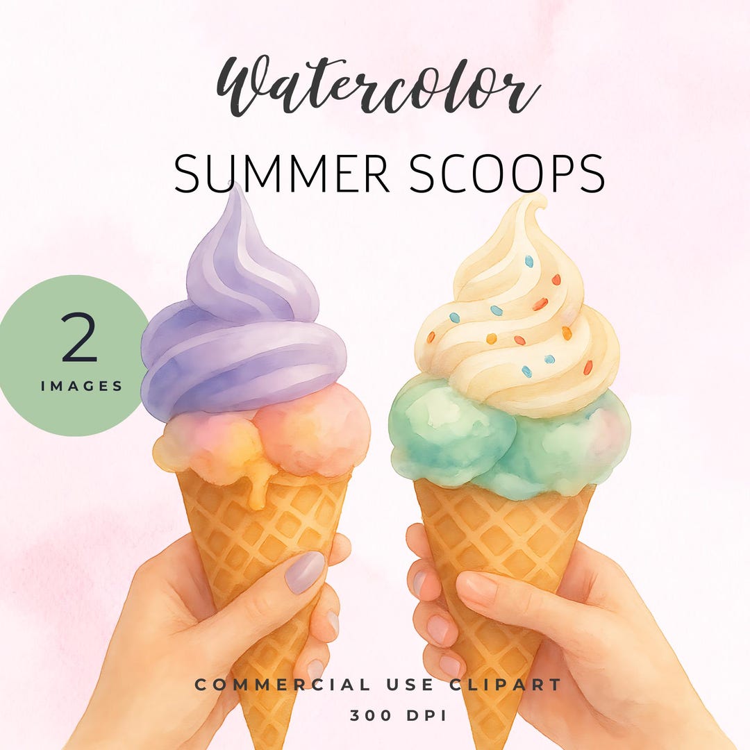Summer Scoops – Watercolour Ice Cream Clipart Set | Waffle Cones ...