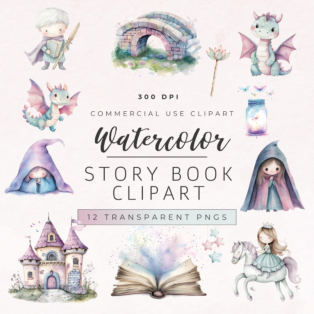 Watercolor Story Book Clipart Set | Fairytale Dragons Princess Castle ...