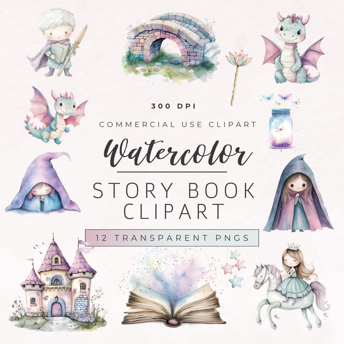 Watercolor Storybook Clipart: Fairytale Castles, Princesses (PNG ...