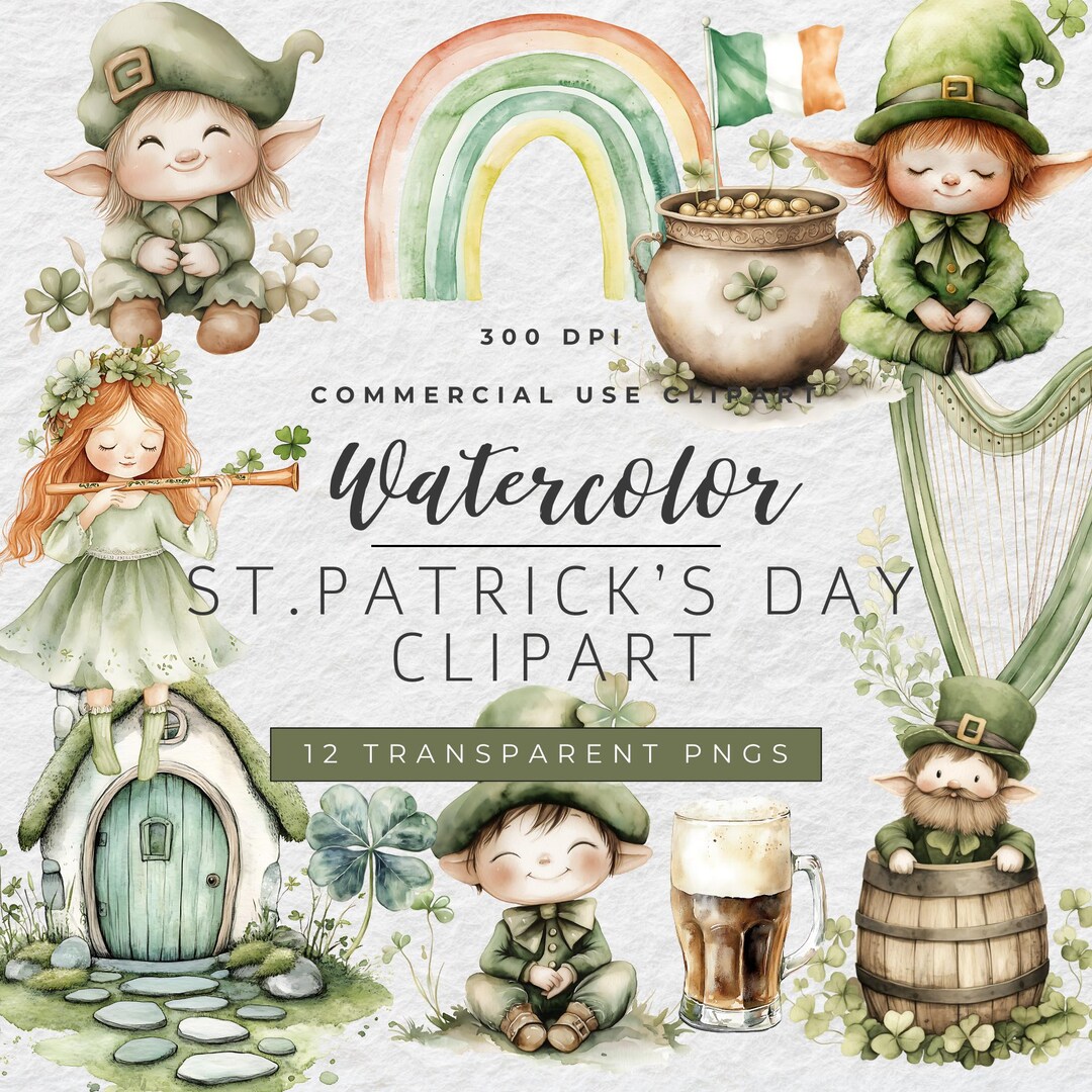 Watercolor St Patrick's Day Clipart Bundle: Leprechauns, Rainbows (PNG ...