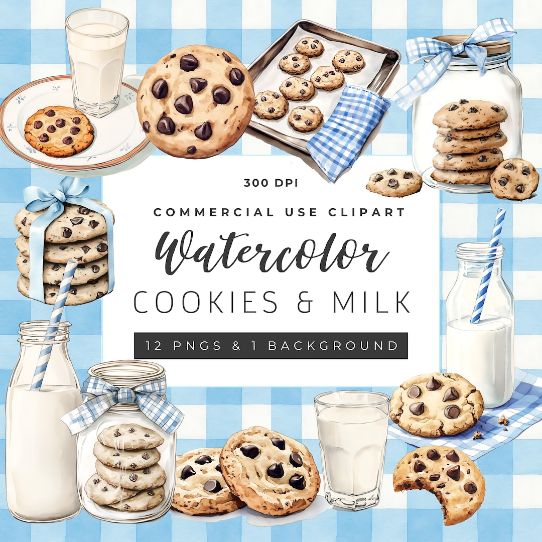 Milk and Cookies Clipart: PNG Set With Gingham Background (digital ...