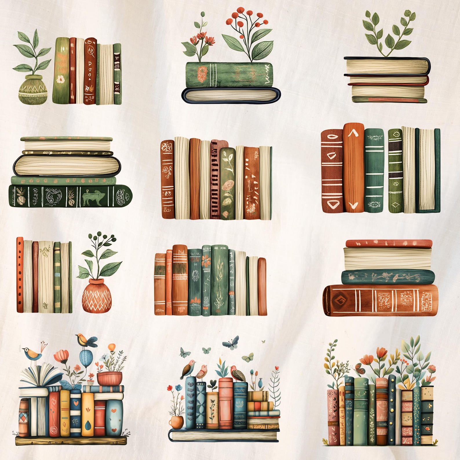 Row of Books Clipart, Spring Book Stack Clipart, Boho Books Clipart ...