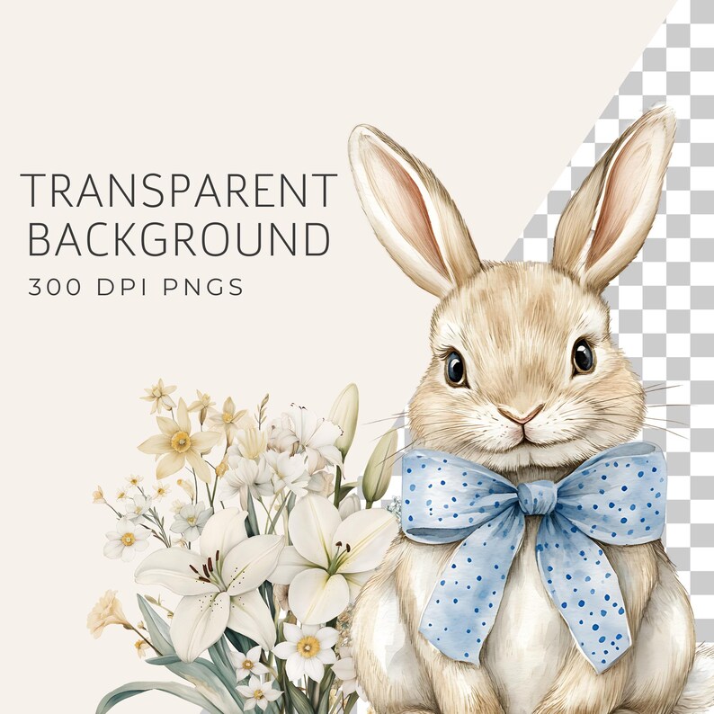 Easter Bunny Clipart, Watercolor Easter Bunny and Flowers Clipart, Cute ...