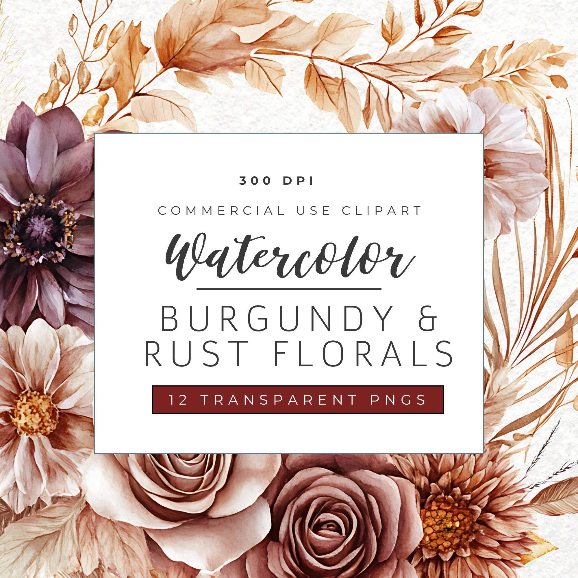 Burgundy Rust Floral Clipart: Watercolor Autumn PNG Bouquets (digital ...