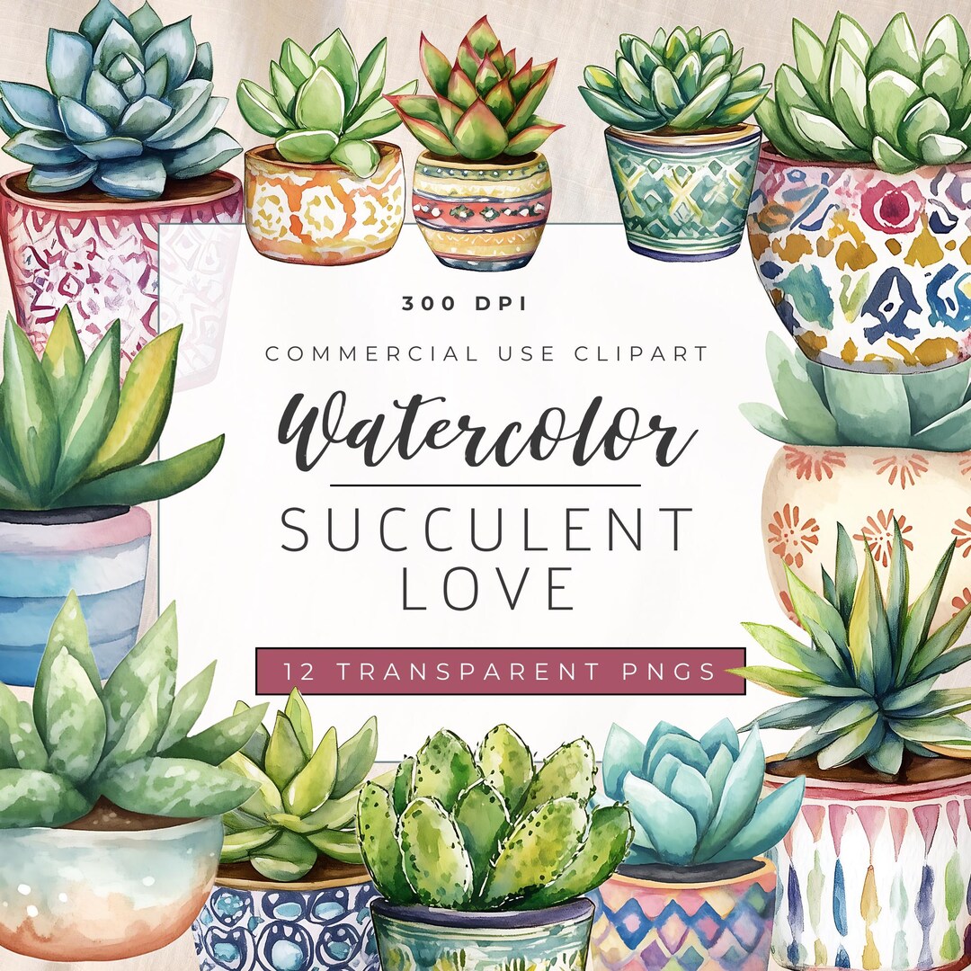 Cute Watercolor Succulent Clipart | Potted Plant PNG Set | Pastel ...