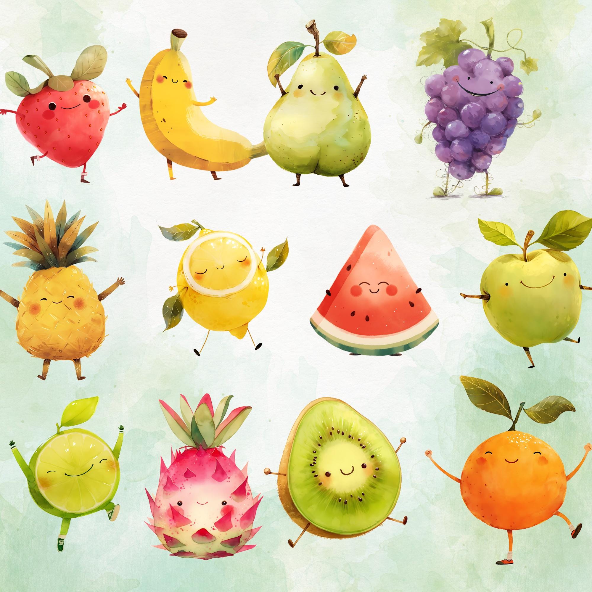 Watercolor Dancing Fruit Clipart: Playful PNG Images (commercial Use ...