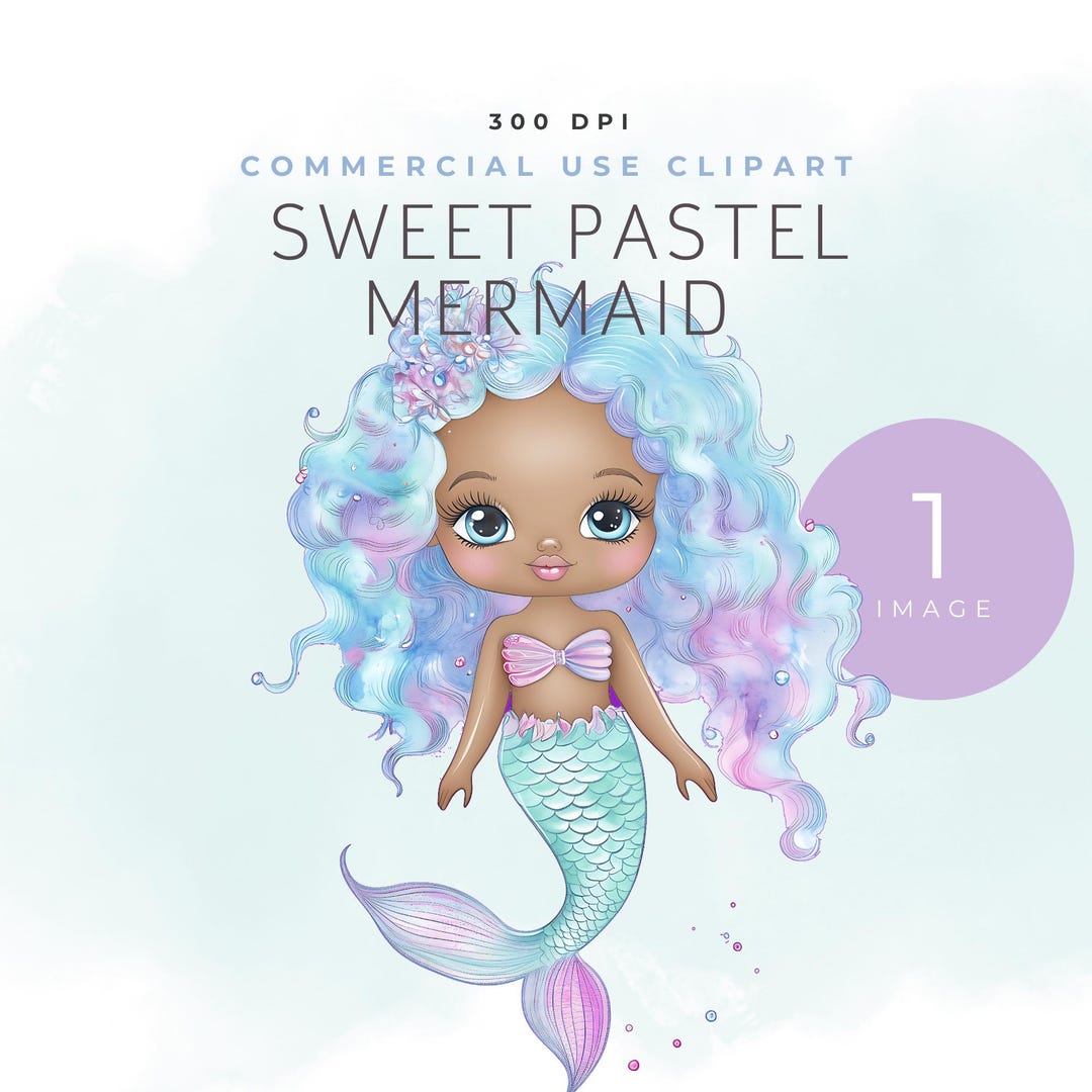 Watercolor Mermaid Clipart, Cute Mermaid PNG, Pastel Ocean Girl Art ...