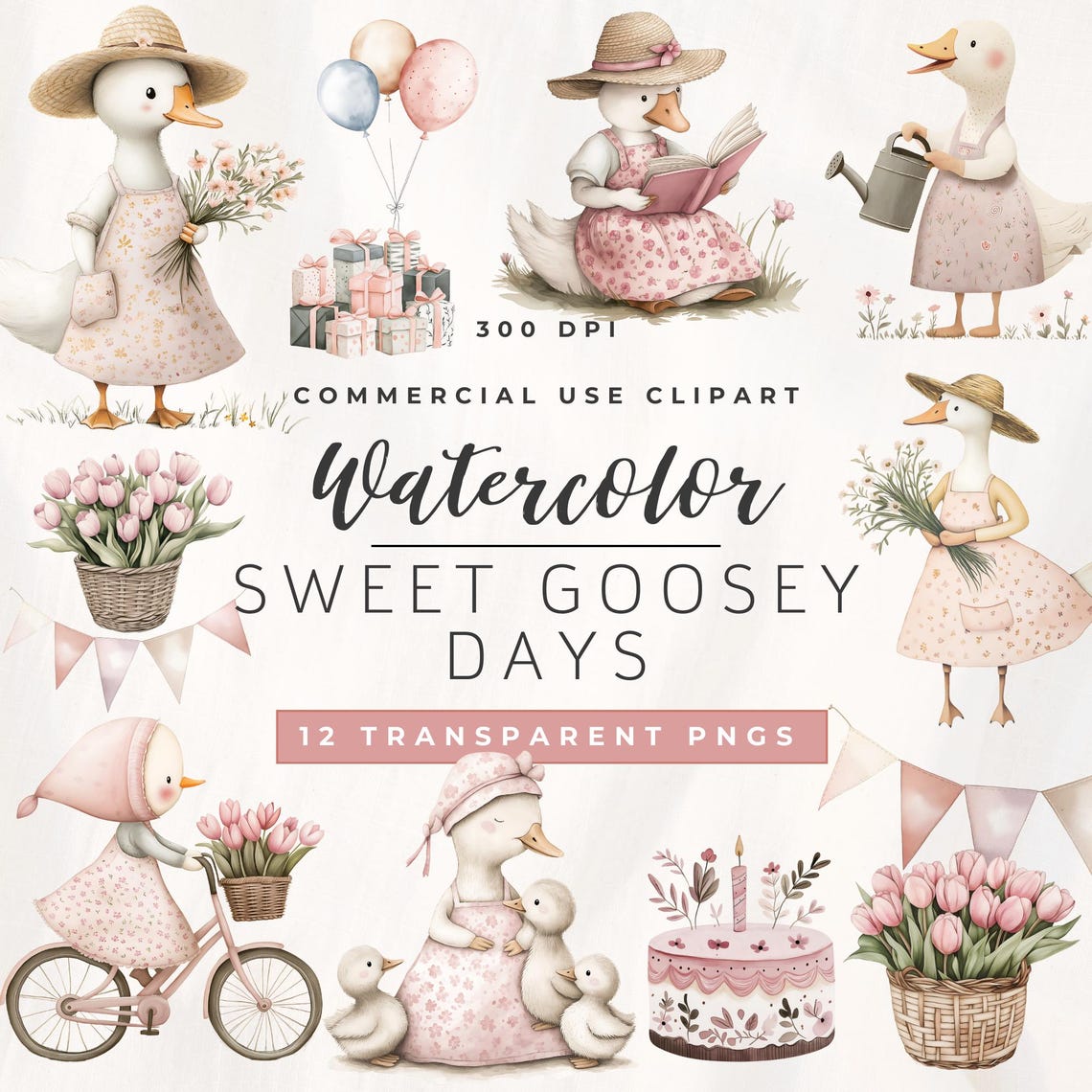 Silly Goose Clipart Set, Cute Watercolor Geese Clipart Set, 12 Cute ...