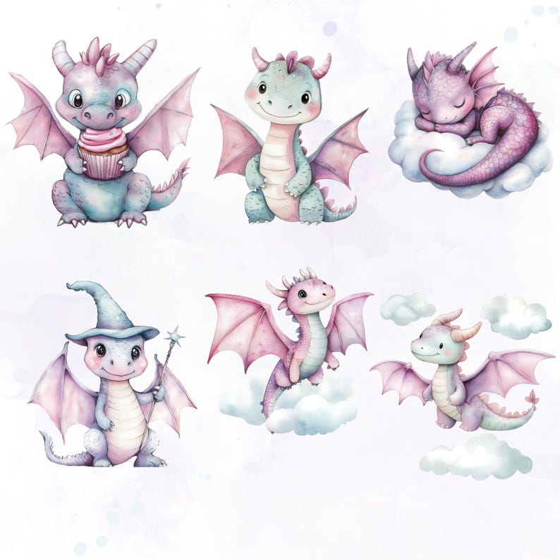 Watercolor Baby Dragon Clipart: Fairytale PNG Bundle (12 PNG Set) - Etsy