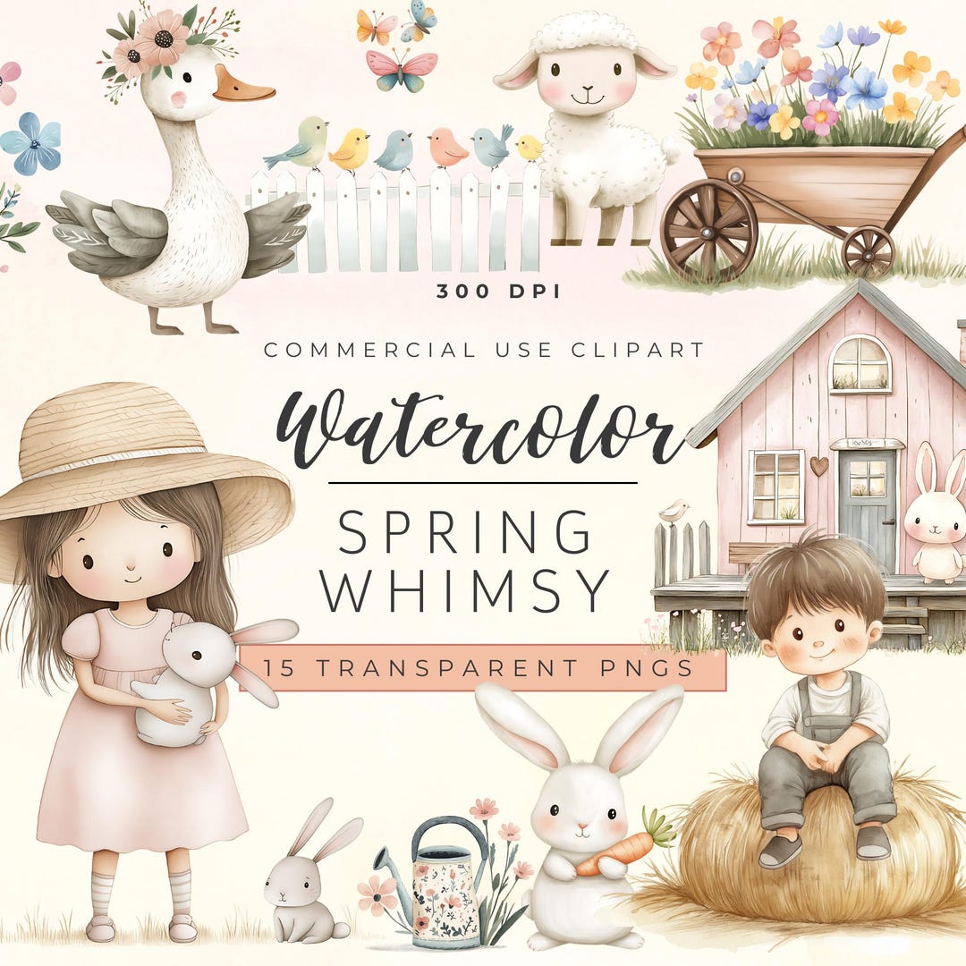 Watercolor Whimsical Spring Clipart Set – Cute Kids, Bunnies, Spring ...