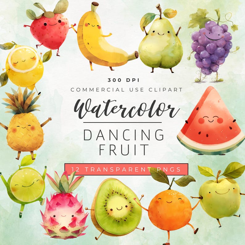 Watercolor Dancing Fruit Clipart: Playful PNG Images (commercial Use ...