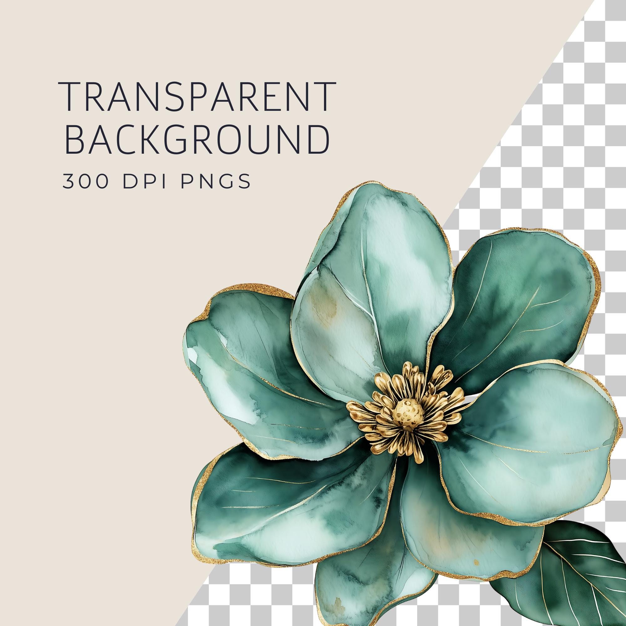 Emerald Green and Gold Floral Clipart | Watercolor Magnolia Clipart ...