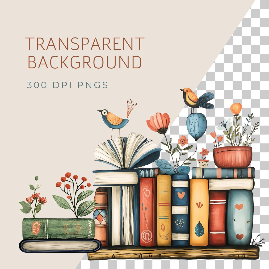 Spring Book Stack Clipart, Boho Books Clipart, Watercolor Bookish ...