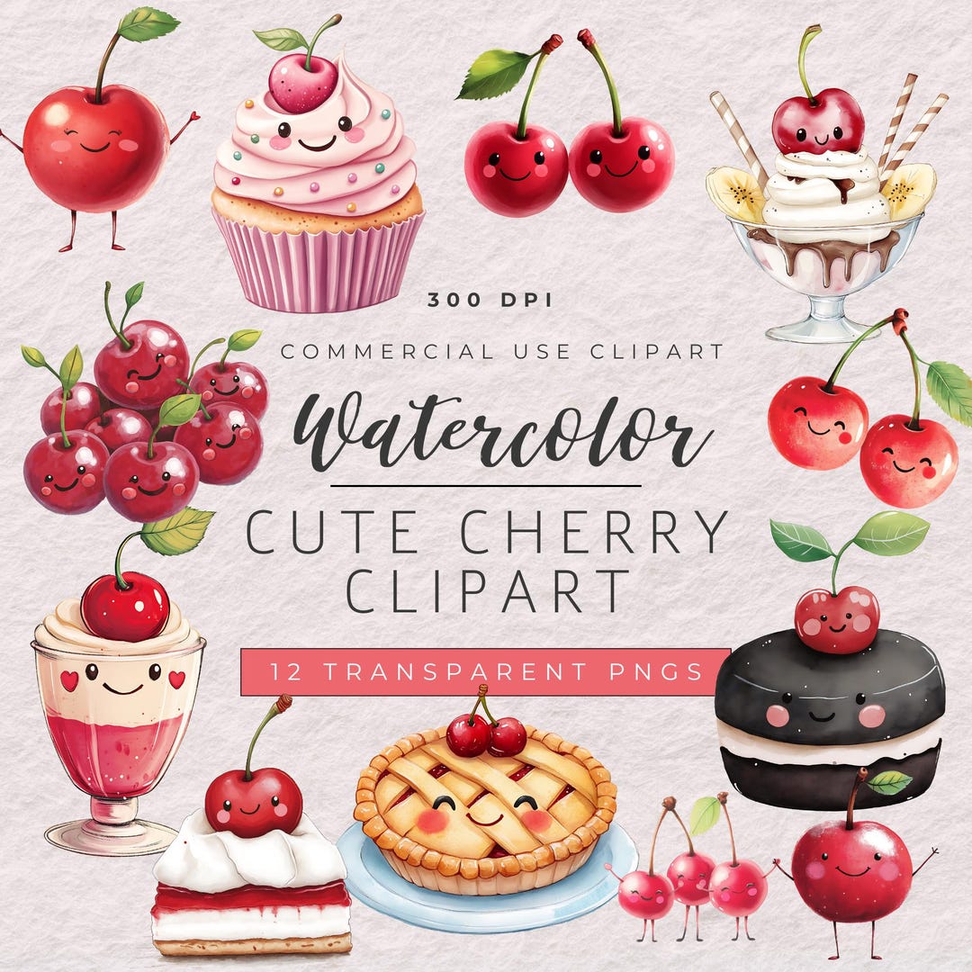 Watercolor Cherry Clipart Set: Kawaii Fruit Graphics (digital Download ...