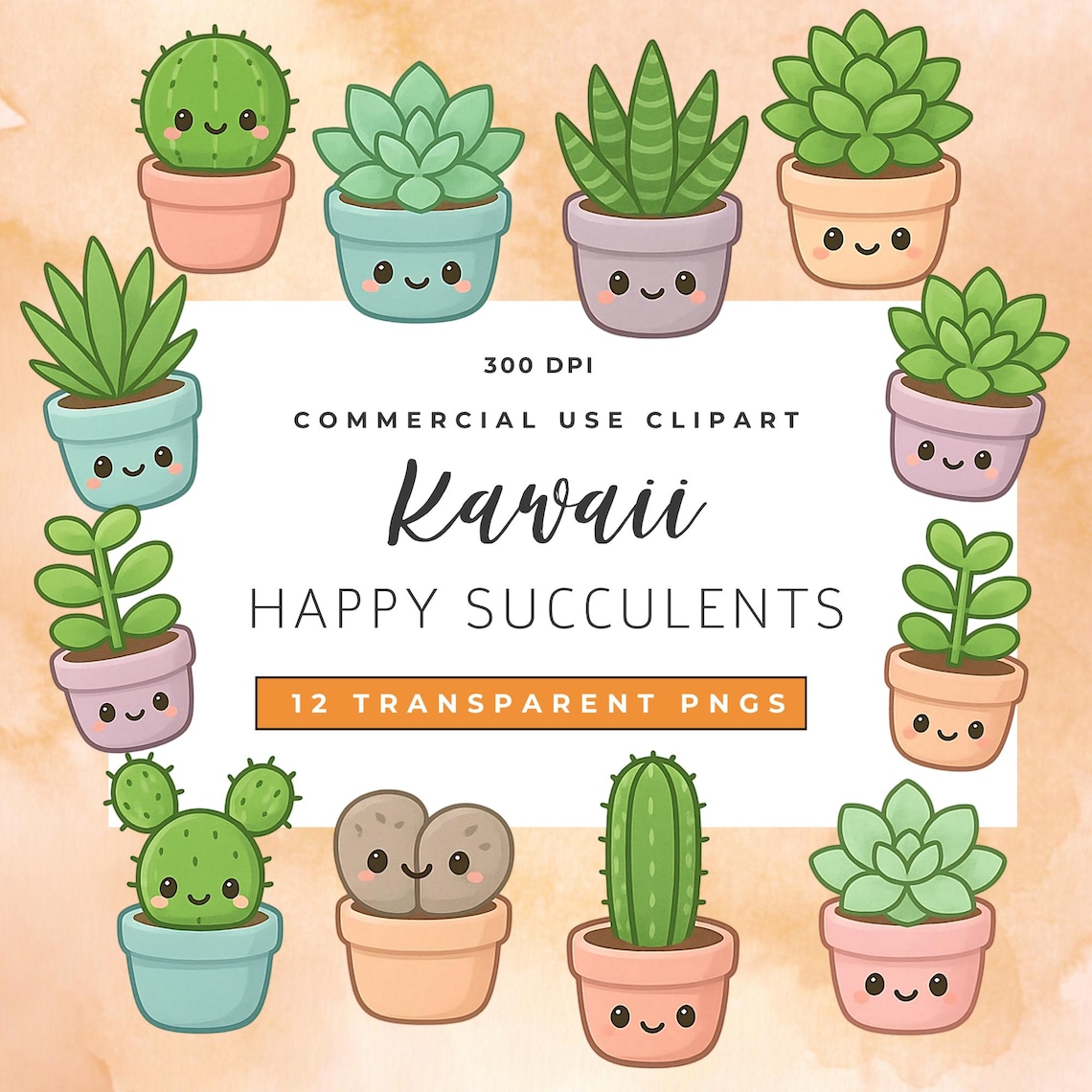 Kawaii Succulent Clipart Bundle: Pastel Cactus Pngs for Stickers ...