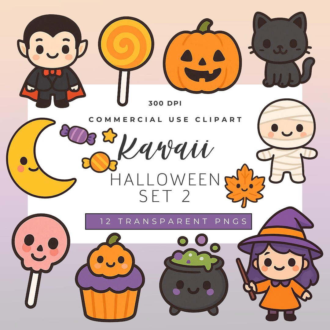 Kawaii Halloween Clipart Set - 12 Cute Spooky Pngs | Cute Halloween ...