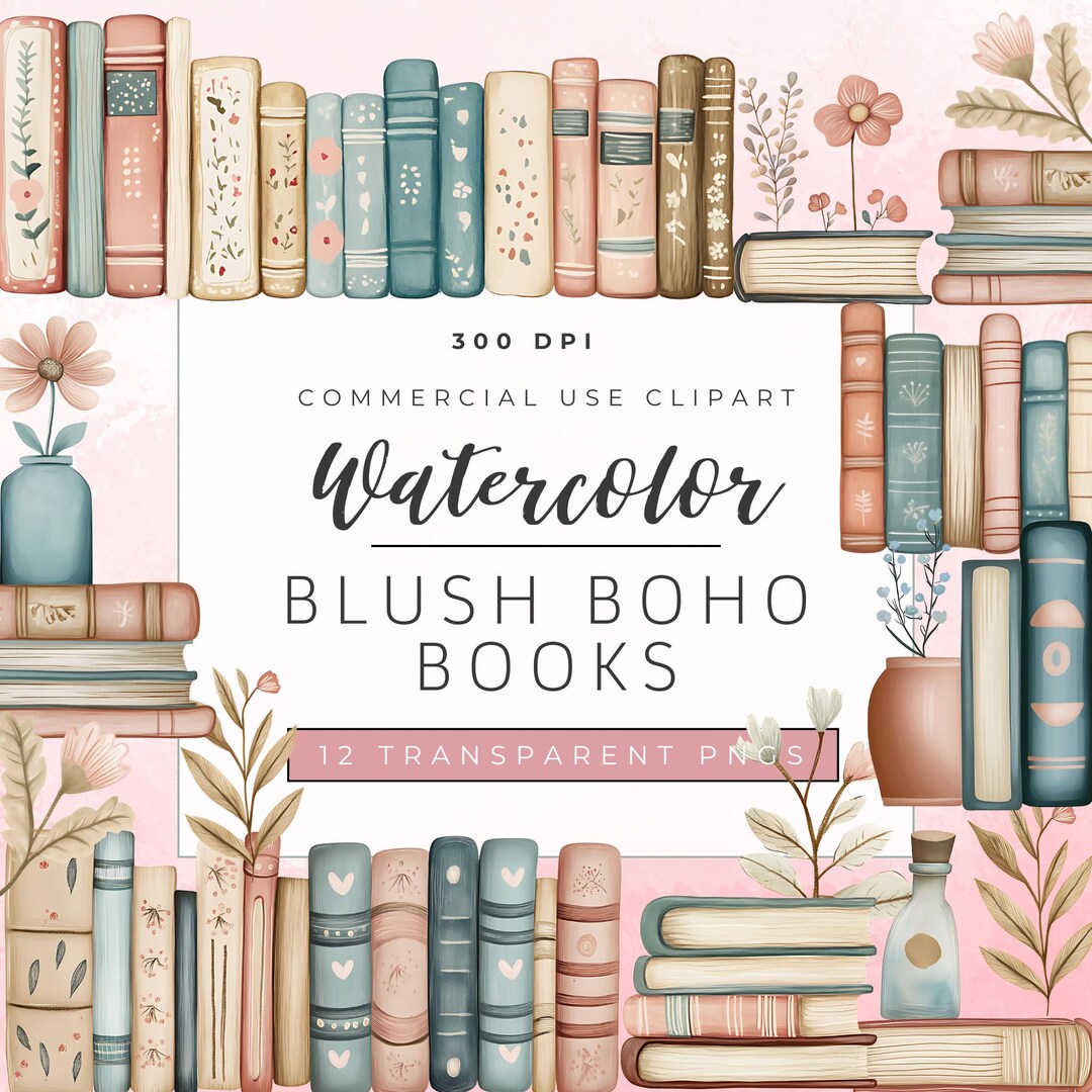 Watercolor Boho Books Clipart, Beautiful Watercolor Books and Flowers ...