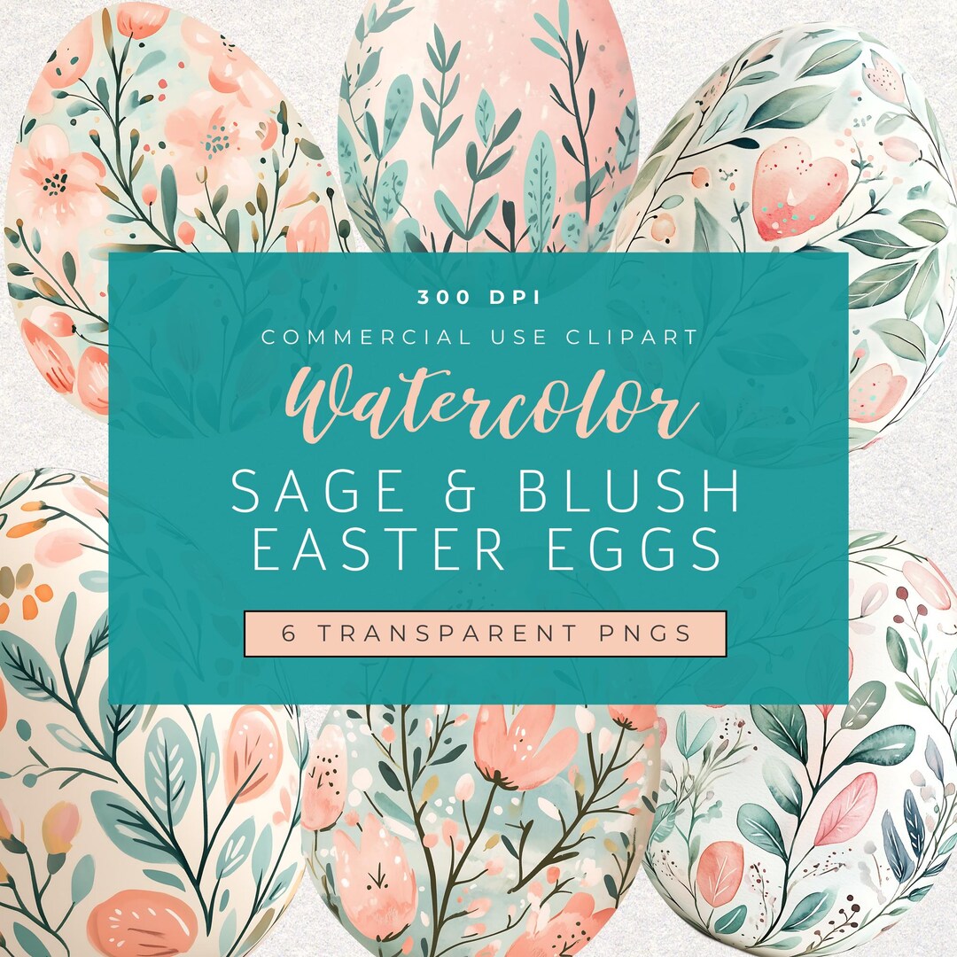 Watercolor Floral Easter Egg Clipart: Blush & Sage Pngs (digital ...